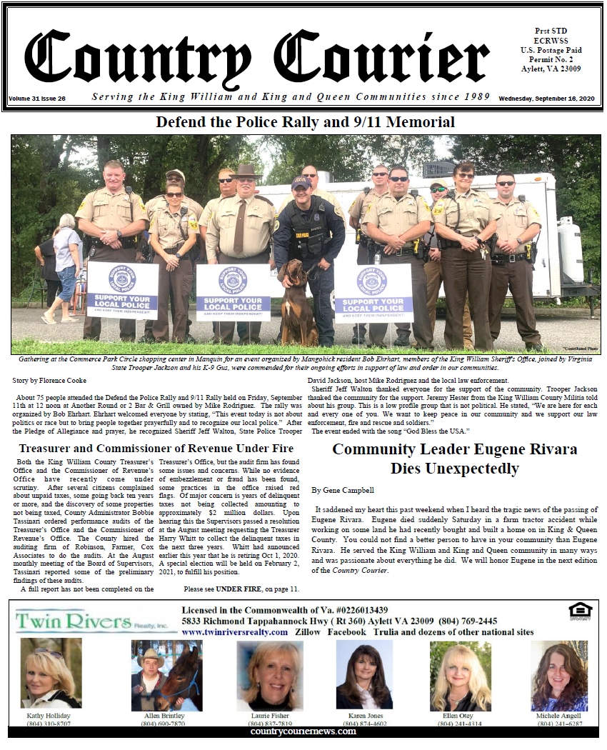September 16, 2020, County Courier Newspaper online Issue Front Page