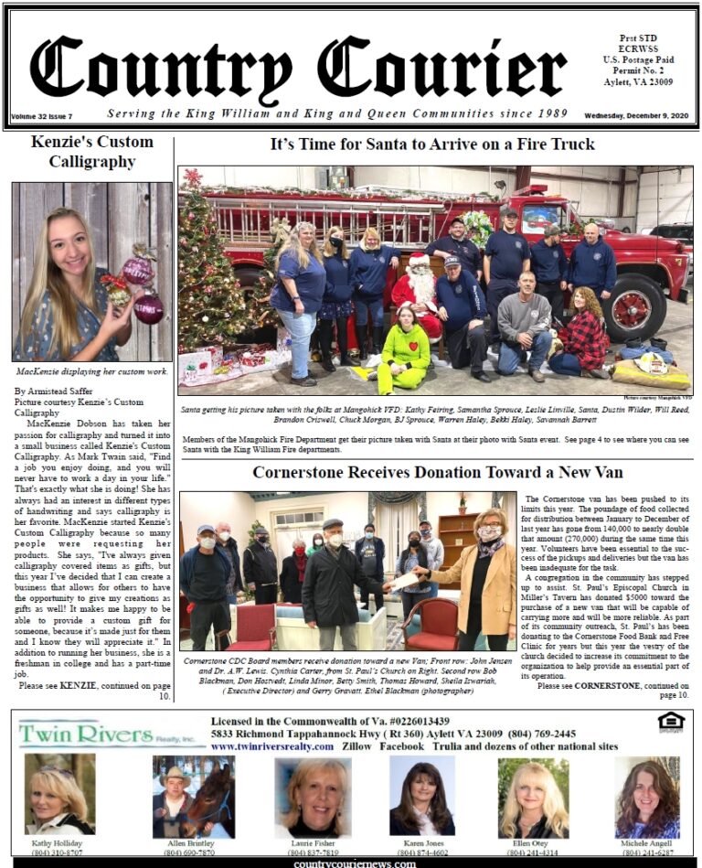 December 9, 2020, County Courier Newspaper online Issue Front Page